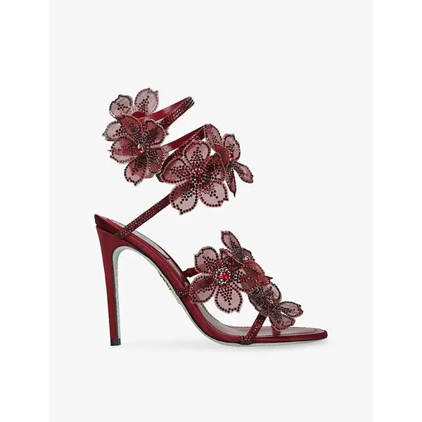 Rene Caovilla Floral Cleo 105 Satin Heeled Sandals - Wine