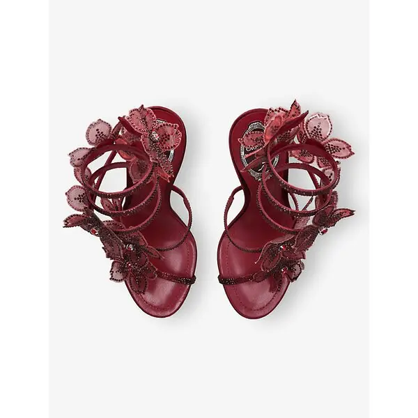 Rene Caovilla Floral Cleo 105 Satin Heeled Sandals - Wine