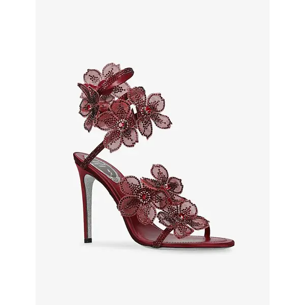 Rene Caovilla Floral Cleo 105 Satin Heeled Sandals - Wine