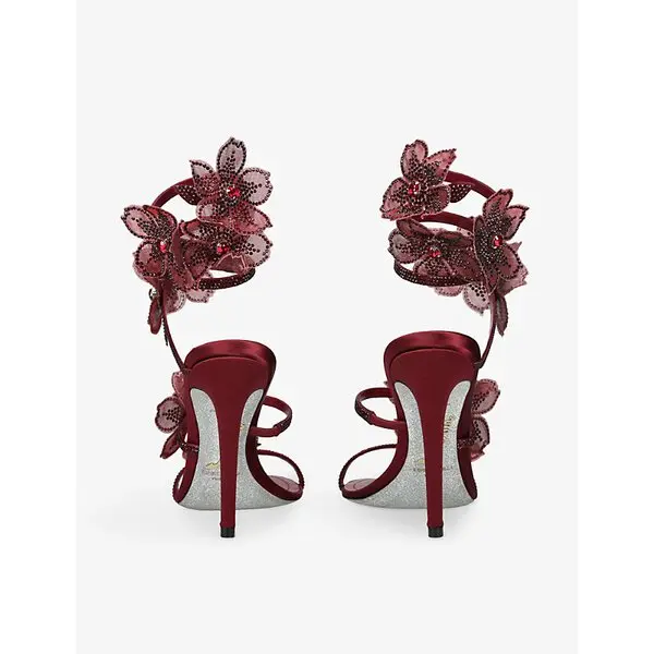 Rene Caovilla Floral Cleo 105 Satin Heeled Sandals - Wine