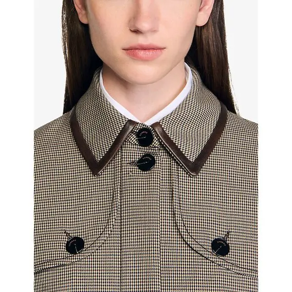 Sandro Houndstooth Trench Coat With Leather Trim - Brown / Beige