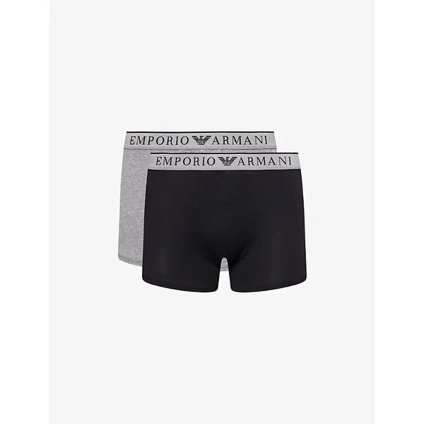 Emporio Armani Branded Mid-rise Pack Of Two Stretch-cotton Trunks - Black/mel Grey
