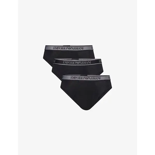 Emporio Armani Branded Mid-rise Pack Of Three Stretch-cotton Briefs - Black/black/black