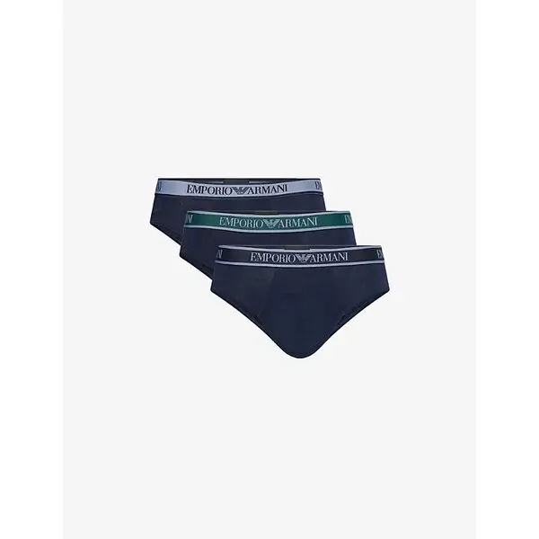 Emporio Armani Branded Mid-rise Pack Of Three Stretch-cotton Briefs - Blue/blue/blue
