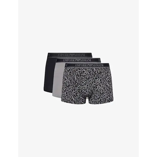 Emporio Armani Branded Mid-rise Pack Of Three Stretch-cotton Trunks - Blk/blk-shade/shade