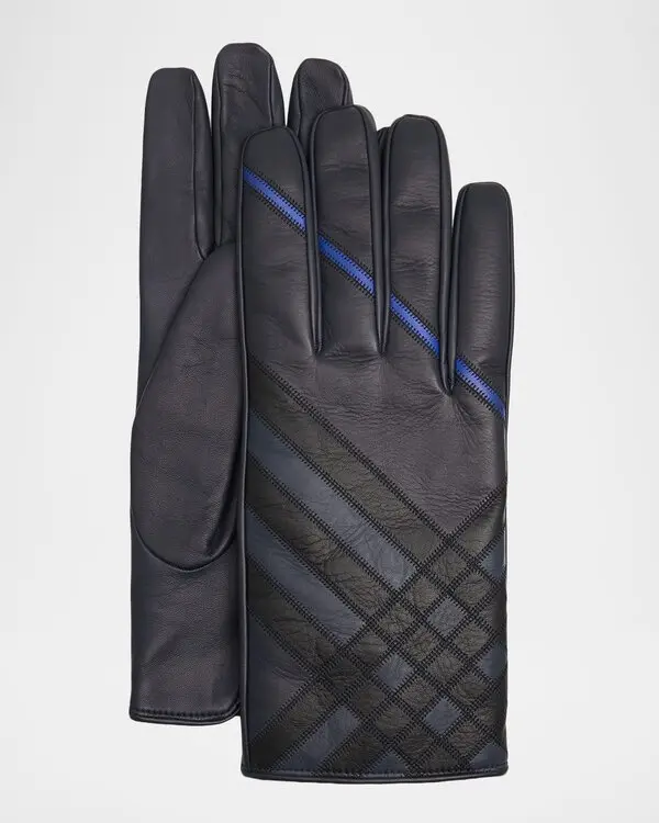 Burberry Intarsia Check Leather Gloves - Storm Blue