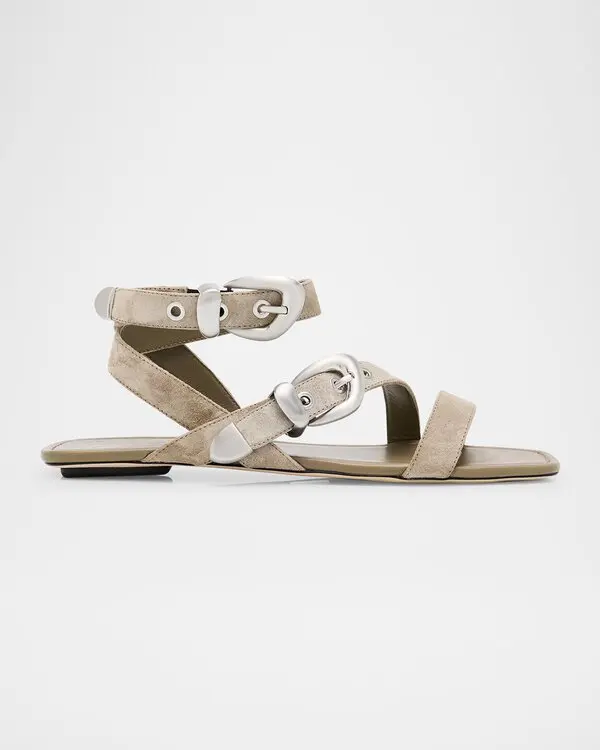 STUART WEITZMAN Maven Suede Buckle Flat Sandals - Taupe