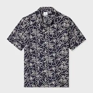 Paul Smith Casual-fit Navy Floral Embroidery Short-sleeve Shirt - Blue