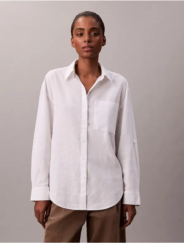 Calvin Klein Linen And Cotton Roll-tab Shirt - Brilliant White