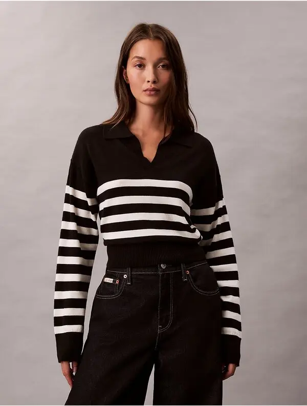 Calvin Klein Extra Fine Merino Blend Stripe Polo Sweater - Black Stripe