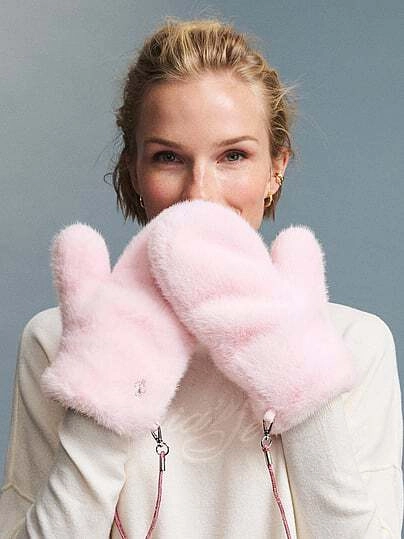 Victoria's Secret Faux Fur Mittens With Detachable Strap - Pink
