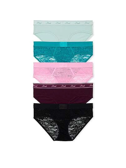 Pink 5-pack Lace Logo Cotton Hiphugger Panties - Print