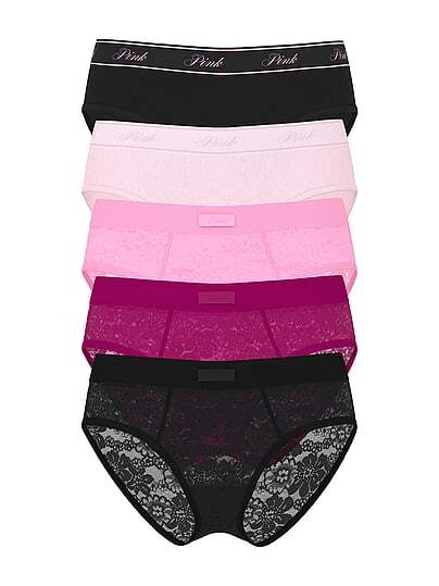 Pink 5-pack Lace Logo Cotton Hiphugger Panties - Print