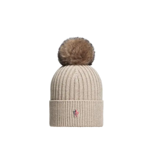 Moncler Cashmere Beanie With Lamb Hair Pom Pom - Beige
