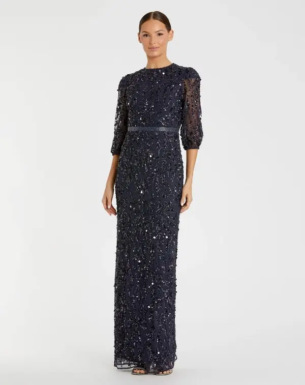 Mac Duggal Embellished Column Gown With 3/4 Sleeves - Midnight