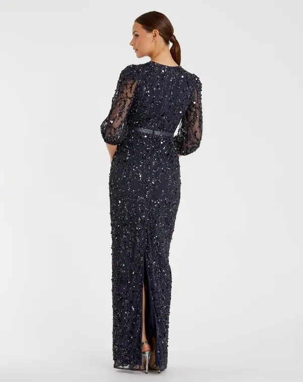 Mac Duggal Embellished Column Gown With 3/4 Sleeves