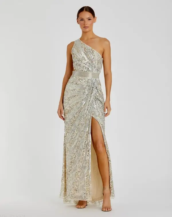 Mac Duggal Sequined One Shoulder Lace Up Gown