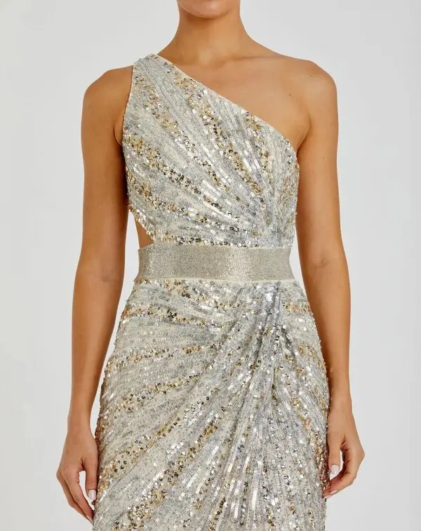 Mac Duggal Sequined One Shoulder Lace Up Gown