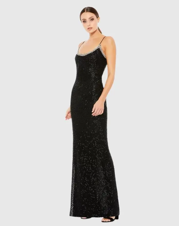 Mac Duggal Beaded Spaghetti Strap Column Gown - Black