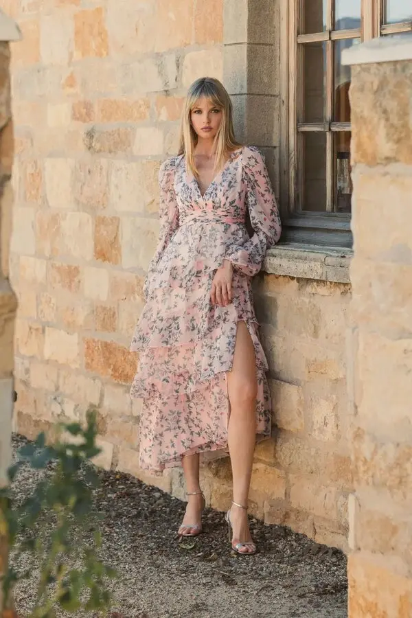 mac duggal pink floral dress Mac Duggal Floral Print Ruffle Cutout Gown
