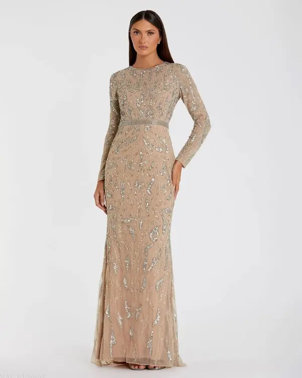 Mac Duggal Long Sleeve Beaded Evening Gown - Neutral