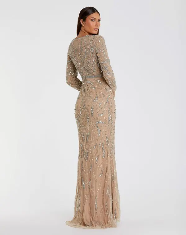 Mac Duggal Long Sleeve Beaded Evening Gown - Neutral