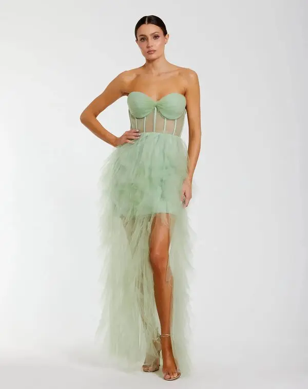 Mac Duggal Strapless Corset Gown With Spiral Ruffles - Green