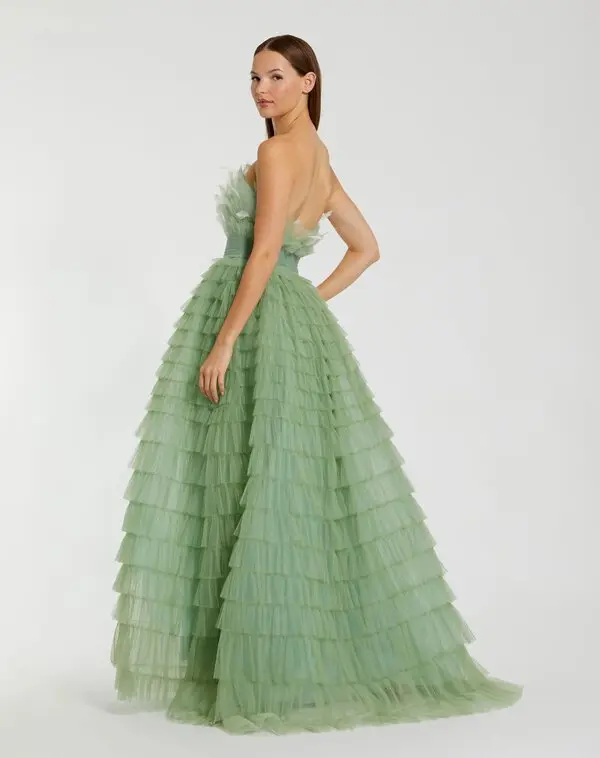 Mac Duggal Strapless Ruffle Gown With Feather Detailing