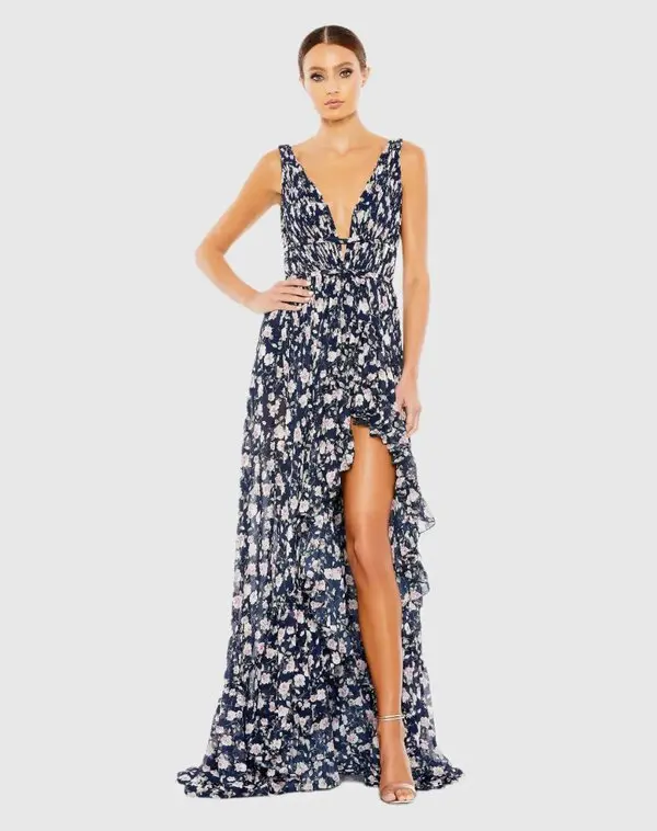 Mac Duggal Floral Print High-low Gown - Navy