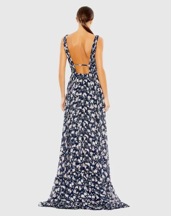 Mac Duggal Floral Print High-low Gown - Navy