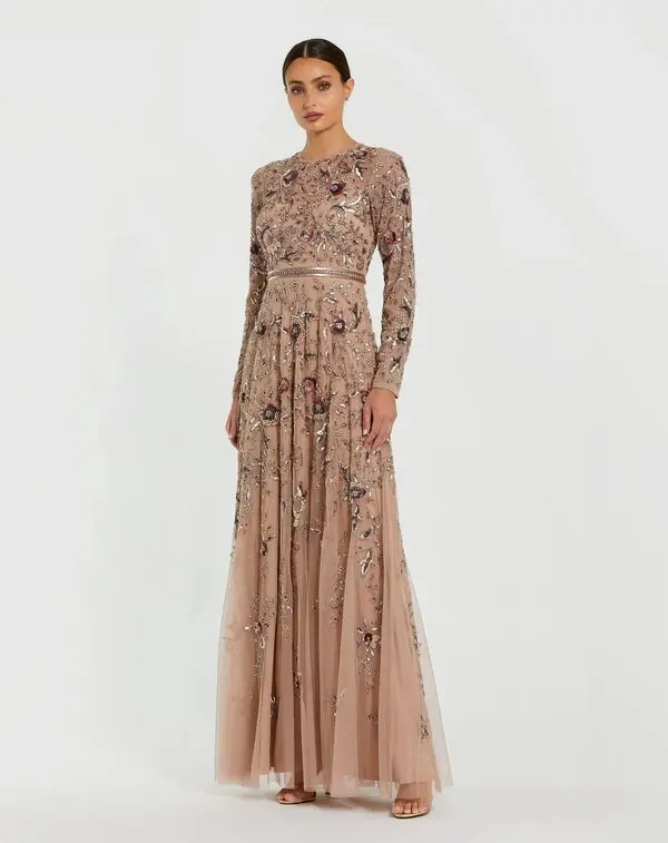 Mac Duggal Floral Embellished A-line Gown - Neutral
