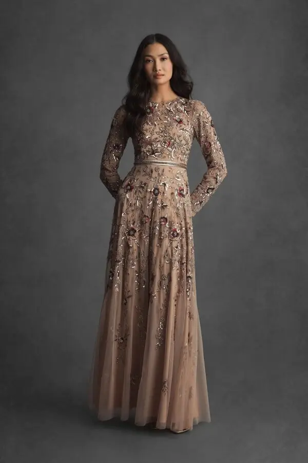 Mac Duggal Floral Embellished A-line Gown - Neutral