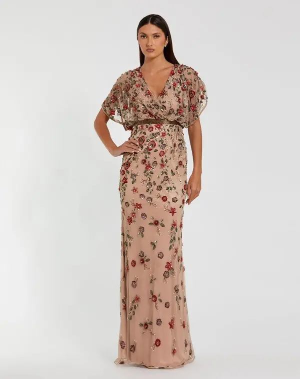 Mac Duggal Floral Embellished Short Sleeve Gown