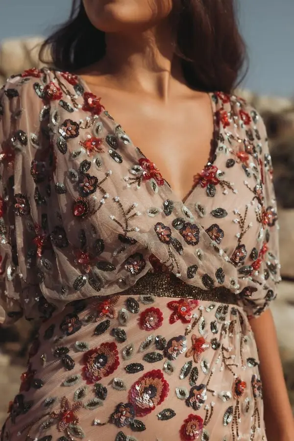 Mac Duggal Floral Embellished Short Sleeve Gown