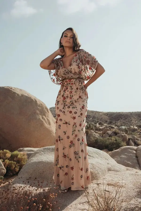 Mac Duggal Floral Embellished Short Sleeve Gown