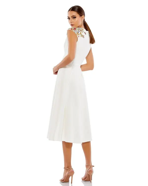 Ieena for Mac Duggal - White Beaded Cap Sleeve A Line Midi Dress