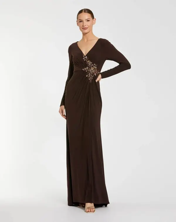 Mac Duggal Faux Wrap Long Sleeve Evening Gown With Appliqué Detail - Brown