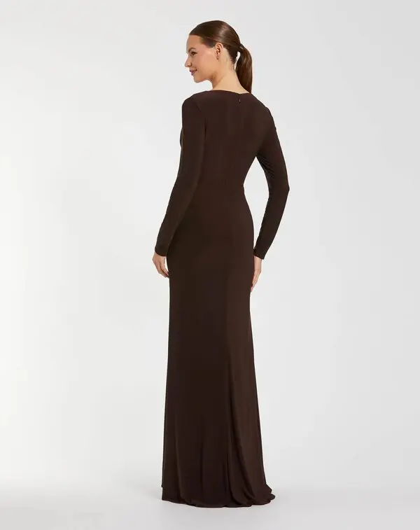 Mac Duggal Faux Wrap Long Sleeve Evening Gown With Appliqu Detail - Brown  | Editorialist