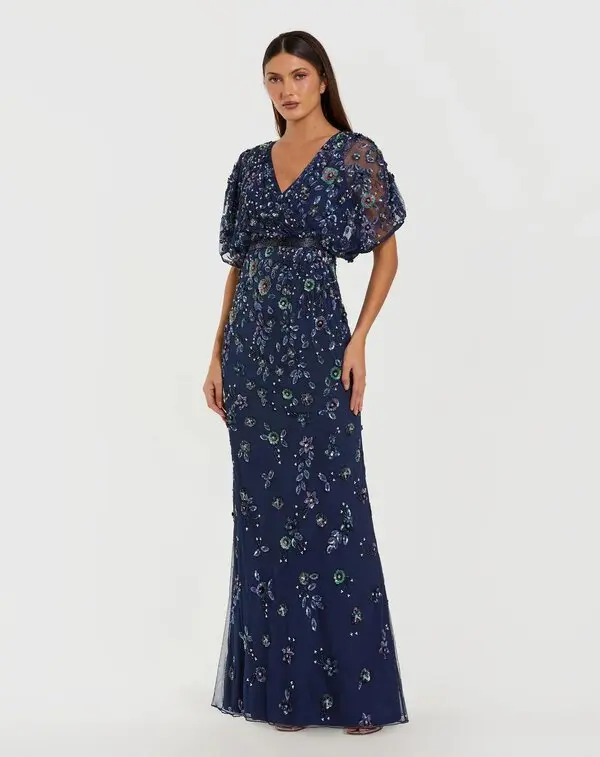 Mac Duggal Floral Embellished Short Sleeve Blouson Gown - Navy