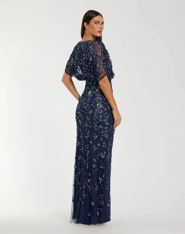 Mac Duggal Floral Embellished Short Sleeve Blouson Gown - Navy