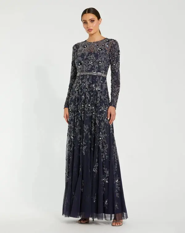 Mac Duggal Floral Embellished A-line Gown - Navy