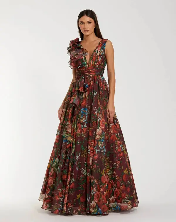 Mac Duggal Floral Chiffon Gown With Ruffled One-shoulder And Plunging Neckline - Red