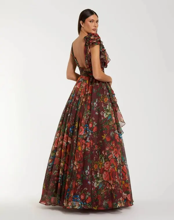Mac Duggal Floral Chiffon Gown With Ruffled One-shoulder And Plunging Neckline - Red