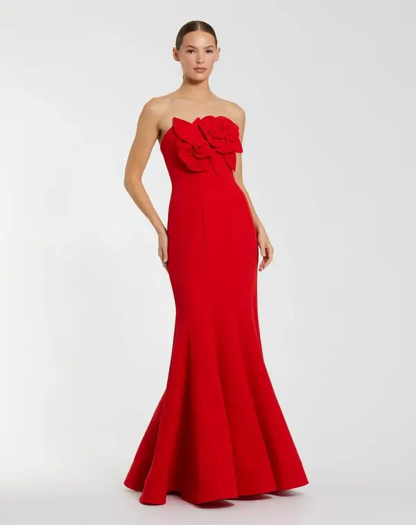 Mac Duggal Strapless Mermaid Gown With 3d Flowers