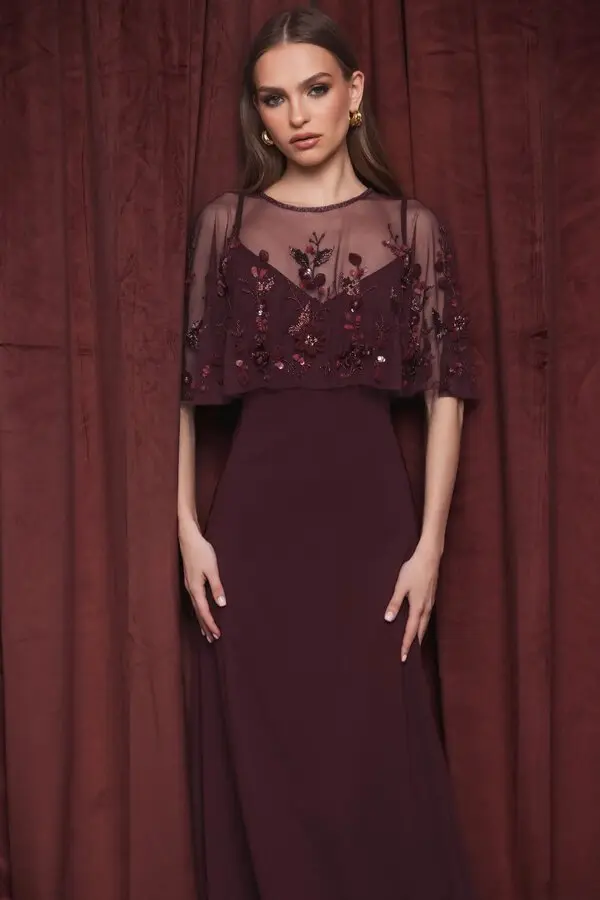 Mac Duggal - Burgundy Sleeveless Gown With Embellished Cape - US 6