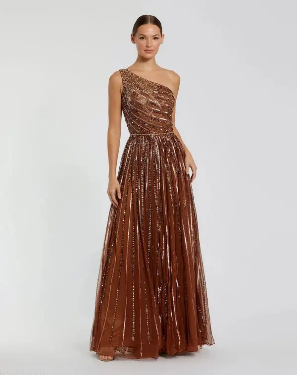 Mac Duggal Embellished One-shoulder A-line Gown - Brown
