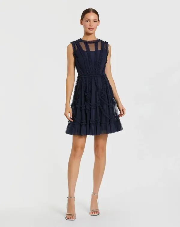 Mac Duggal High Neck Sleeveless Micro Ruffle Mini Dress - Navy