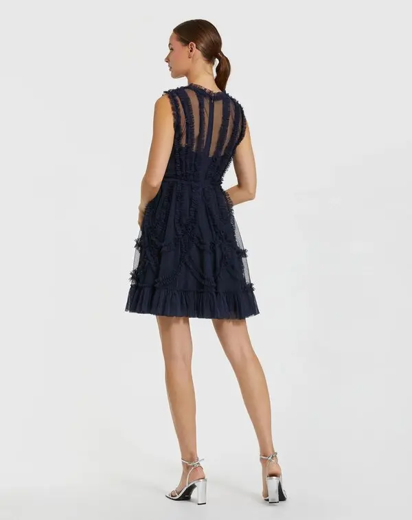 Mac Duggal High Neck Sleeveless Micro Ruffle Mini Dress - Navy