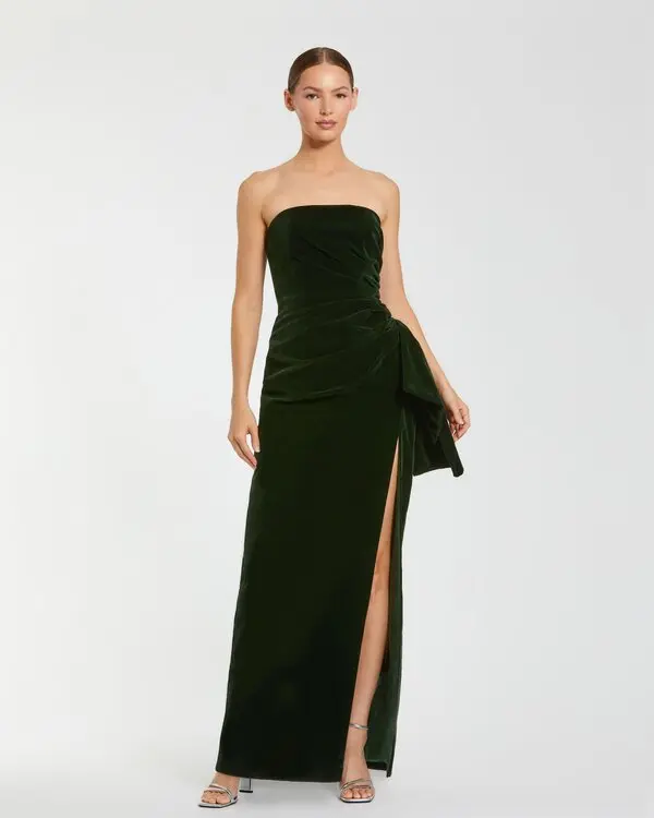 Mac Duggal Strapless High Slit Draped Velvet Gown