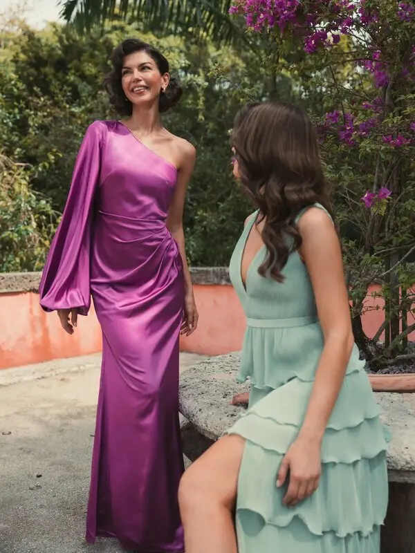 Mac Duggal Satin One-shoulder Gown With Puff Sleeve - Purple